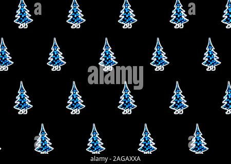 Blue and white christmas trees neon lights bokeh sparse on black ...
