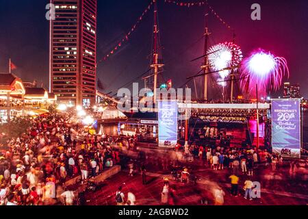 Fireworks being launched from the inner harbor for the Harborplace 20th ...