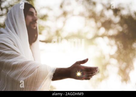 Resurrected Jesus Christ with the scars of the nails on his hands Stock ...