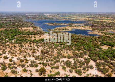Green swamp and wetlands, grasslands, river, aerial view, Okavango ...