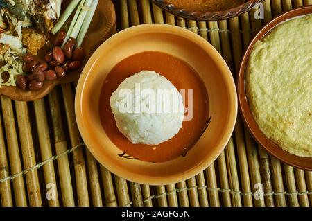 Omo Tuo and Groundnut Soup, staple food made with rice, Ghanaian ...