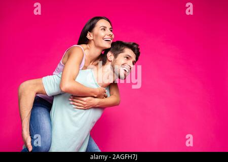 Photo of funny dreamy lady look empty space dancing enjoying her ...