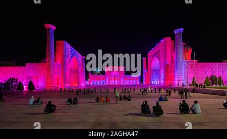 colorful illuminated famous Registan of Samarkand, Uzbekistan, Central ...