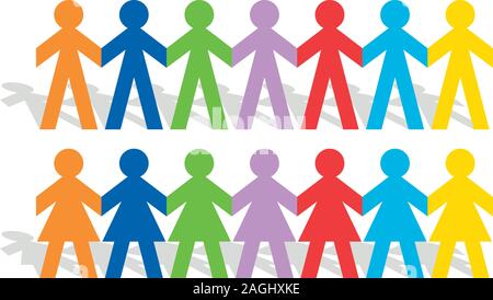 Paper people chain holding hands in a semi circle as outline vector ...