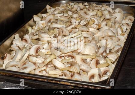 Sheet pan mushrooms in professional chef kitchen Stock Photo - Alamy