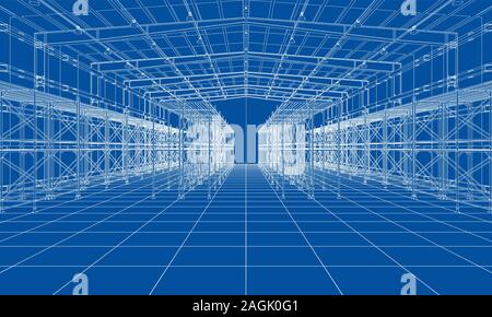 Drawing or sketch of a large warehouse with shelves. Vector obtained ...