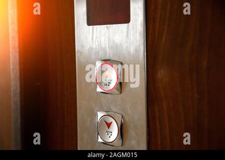 Closeup elevator button panel focus on LED display. The elevator door ...