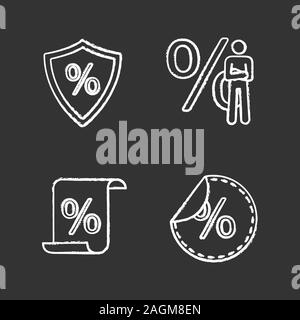 Percents chalk icons set. Percentage rise, piggy bank, coin stack ...