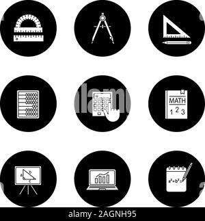 Mathematics glyph icons set. Geometry and algebra. Drafting tools ...
