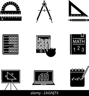 Mathematics glyph icons set. Geometry and algebra. Drafting tools ...