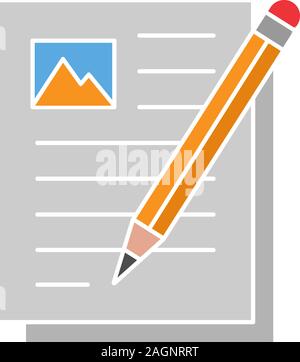 Writing essay color icon. Typing text. Document with pencil. Isolated ...