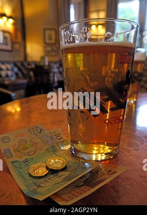 Pints of beer, Pound Sterling money, English notes, cash,City of London ...