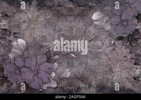 Flower illustration linen effect texture pattern. Seamless woven ...