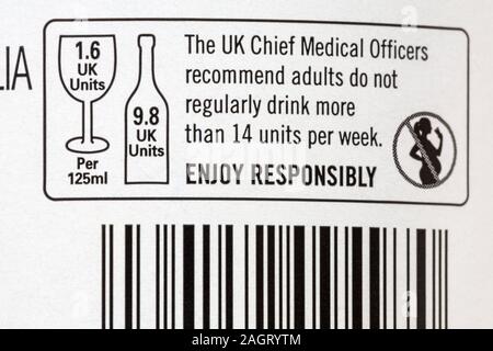 UK alcohol units information on wine bottle back label. Credit: Malcolm ...