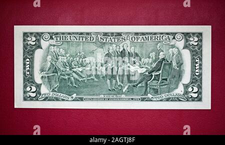 2 dollars banknote, Thomas Jefferson, Declaration of Independence, USA ...