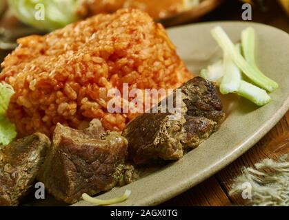 Jollof Rice Beef Kebab , Ghanaian cuisine, Traditional assorted African ...