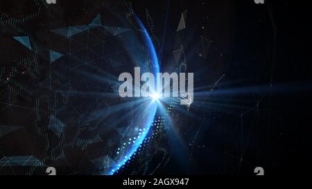 The sun's rays over earth in outer space. Earth Globe technology with ...