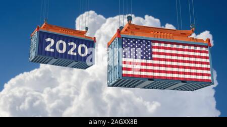 Year 2020 - Freight container with USA and Canada flag. 3D Rendering ...