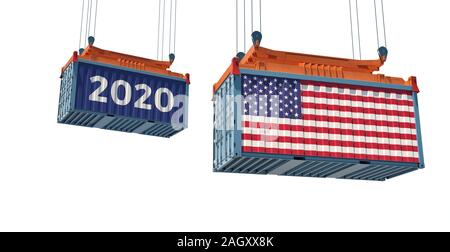 Year 2020 - Freight container with USA and Canada flag. 3D Rendering ...
