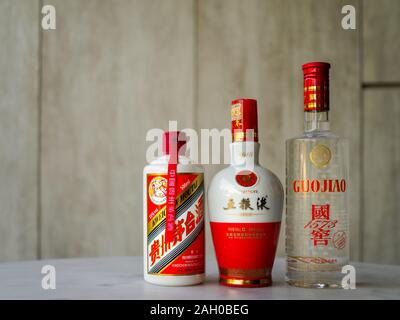 SINGAPORE – 29 MAR 2019 - Three bottles of well-known luxury baijiu Chinese liquor with copy ...