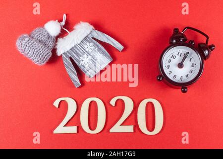Red alarm clock on wood table with blur nature background and copy ...