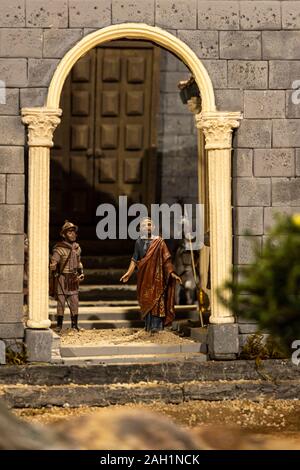 Nativity scene showing the village of Bethlehem with details from the ...