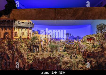 Nativity scene showing the village of Bethlehem with details from the ...
