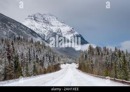 The Icefields Parkway road highway covered in ice, Jasper National Park ...