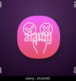 Accept and decline buttons color icon. Yes or no click. Approve and delete. Hand pushing button ...