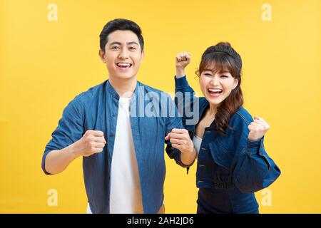 Photo of pretty excited woman wear print dress rising bargains empty ...