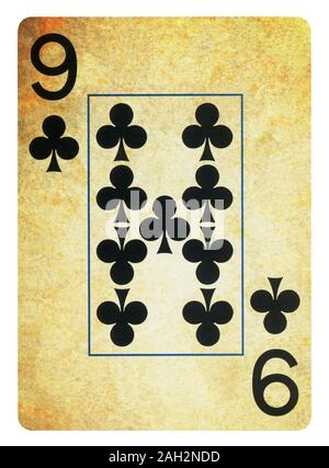 Nine of Clubs Vintage playing card - isolated on white (clipping path ...