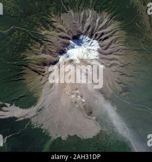 Satellite view of the lava flows on Mount Bagana on Bougainville Island ...