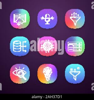 Machine learning app icons set. Data filtering, relational database, server, voice recognition ...