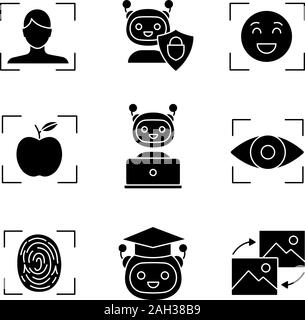 Machine learning glyph icons set. Artificial intelligence. Database. AI ...