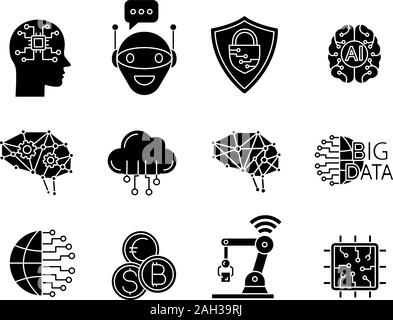 Artificial intelligence glyph icons set. Silhouette symbols. Neural ...