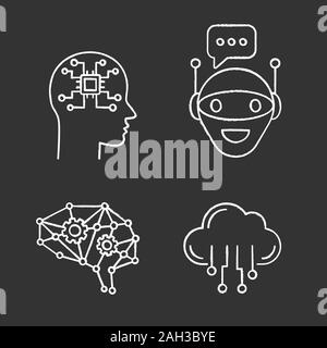 Artificial intelligence chalk icons set. Neural network ...