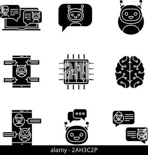Chatbots glyph icons set. Silhouette symbols. Virtual assistants ...