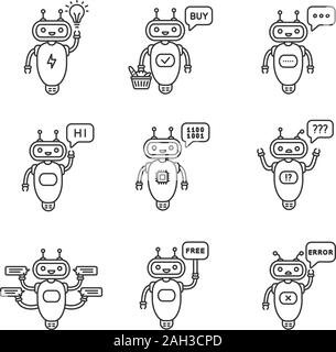 Chatbots linear icons set. Talkbot. Virtual assistants. Support service ...