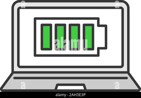 Fully charged laptop battery color icon. Computer charge completed ...