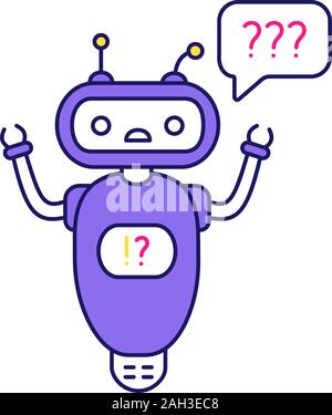 Help chatbot color icon. FAQ chat bot. Bewildered robot with question marks in speech bubble ...