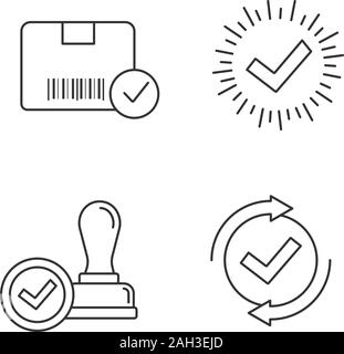 Approve linear icons set. Verification and validation. Clipboard with check mark, person ...