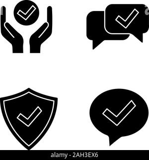 Approve glyph icons set. Verification and validation. Chat approved, certificate, check mark ...