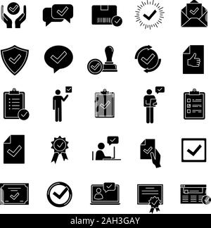 Approve glyph icons set. Verification and validation. Approved delivery, check mark, stamp of ...