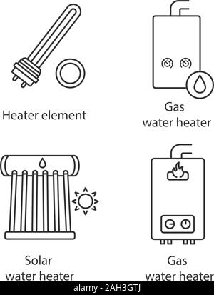 Heating linear icons set. Electric boiler, gas and electric tankless ...