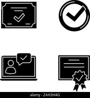 Approve glyph icons set. Verification and validation. Approved delivery, check mark, stamp of ...
