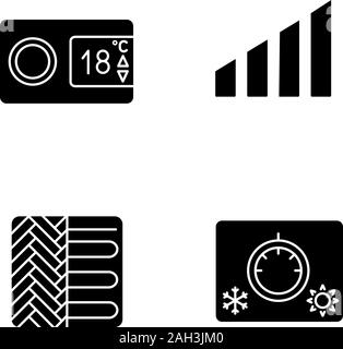 Heating glyph icons set. Digital thermostat, solid fuel boiler, boiler ...