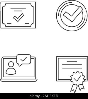 Approve linear icons set. Verification and validation. Clipboard with check mark, person ...
