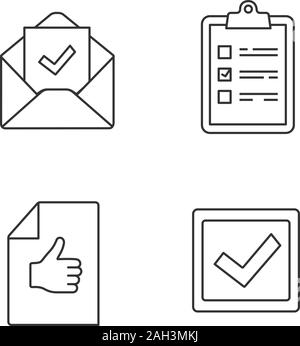 Approve linear icons set. Verification and validation. Task planning, voter, document ...