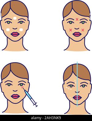 Neurotoxin injection color icons set. Vial, syringe, facial markup ...