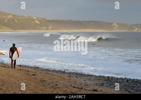 Surfing at Oxwich Bay, Gower Stock Photo - Alamy